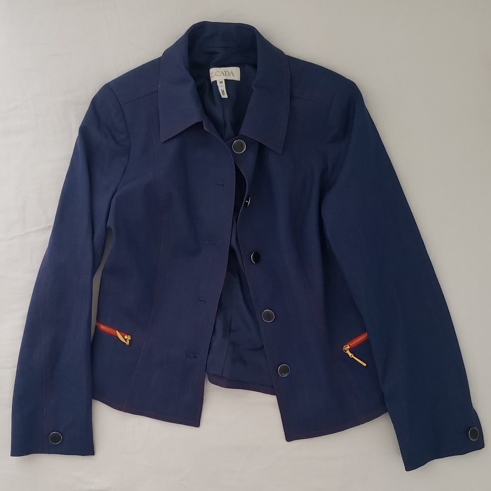 Escada Denim Blue Red Stich Gold Logo Hardware Blazer… - Gem